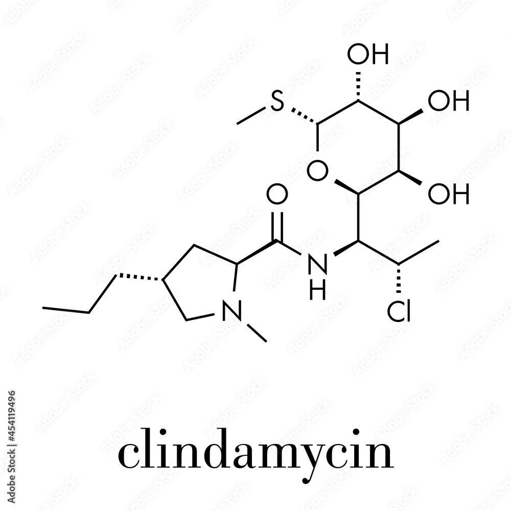 Clindamycin antibiotic drug (lincosamide class) molecule. Skeletal ...