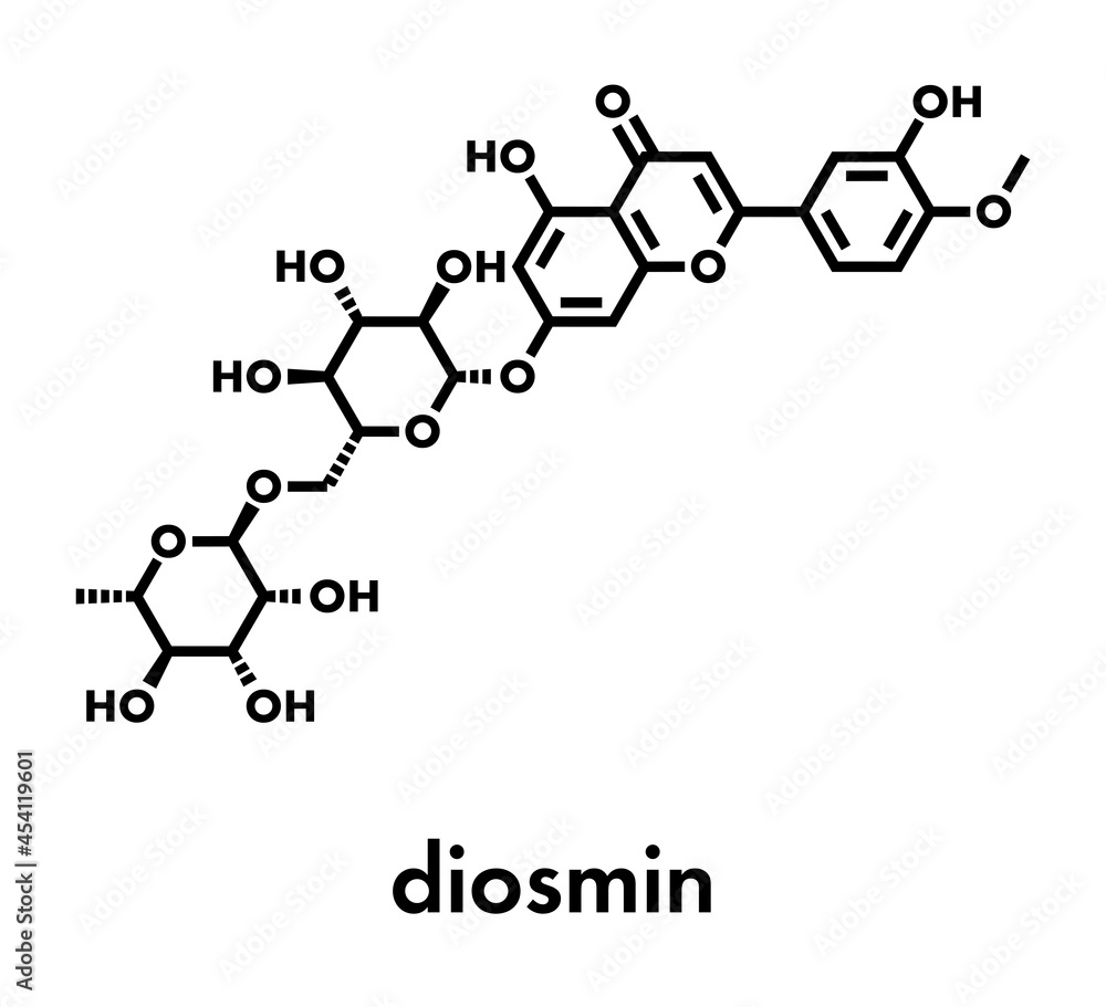 Diosmin venous disease and hemorrhoids drug molecule. Skeletal formula ...