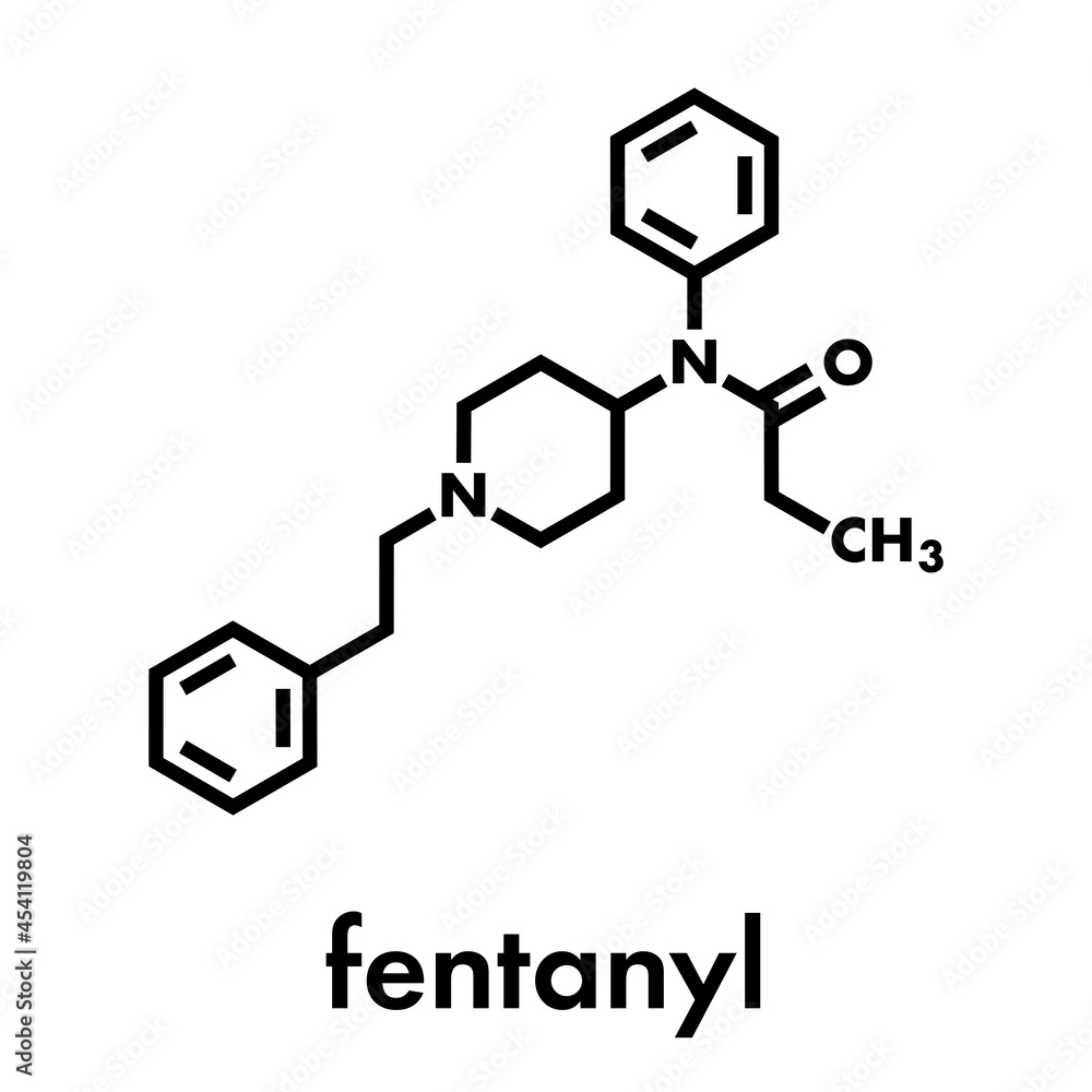 Fentanyl (fentanil) opioid analgesic drug molecule. Skeletal formula ...