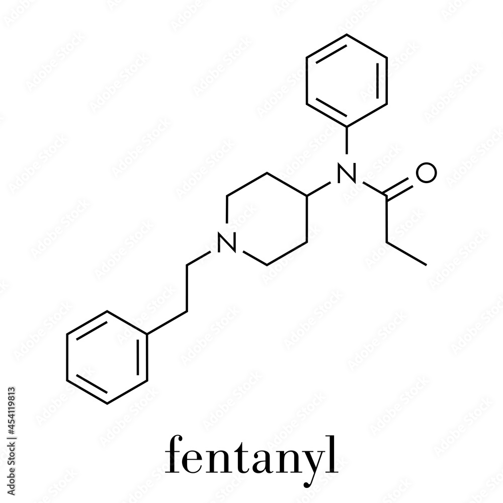 Fentanyl (fentanil) opioid analgesic drug molecule. Skeletal formula ...