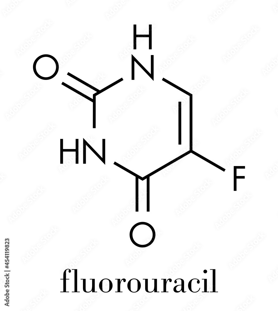 Fluorouracil (5-FU, FU) cancer chemotherapy drug molecule. Skeletal ...