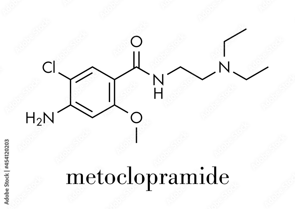 Metoclopramide nausea and vomiting treatment drug molecule. Skeletal ...