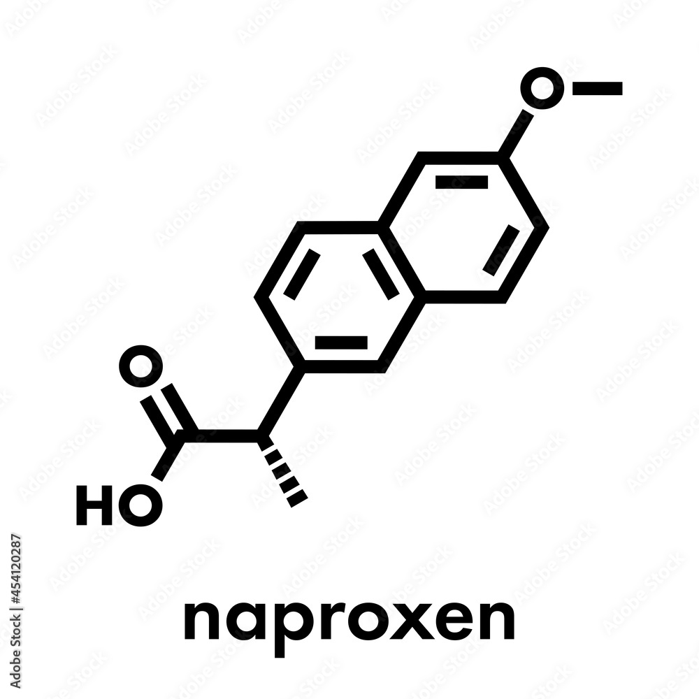 Naproxen pain and inflammation drug (NSAID) molecule. Skeletal formula ...