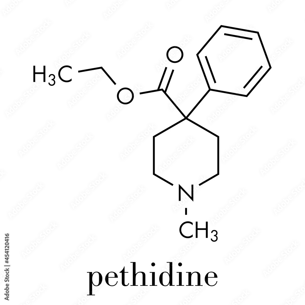 Pethidine opioid analgesic drug molecule. Skeletal formula. Stock ...