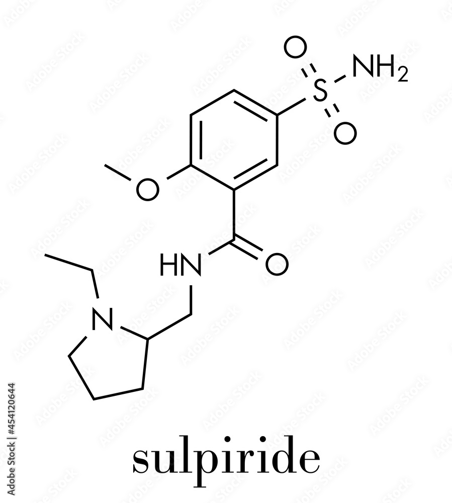 Sulpiride antipsychotic (neuroleptic) drug molecule. Skeletal formula ... Sulpiride antipsychotic (neuroleptic) drug molecule. Skeletal formula ...