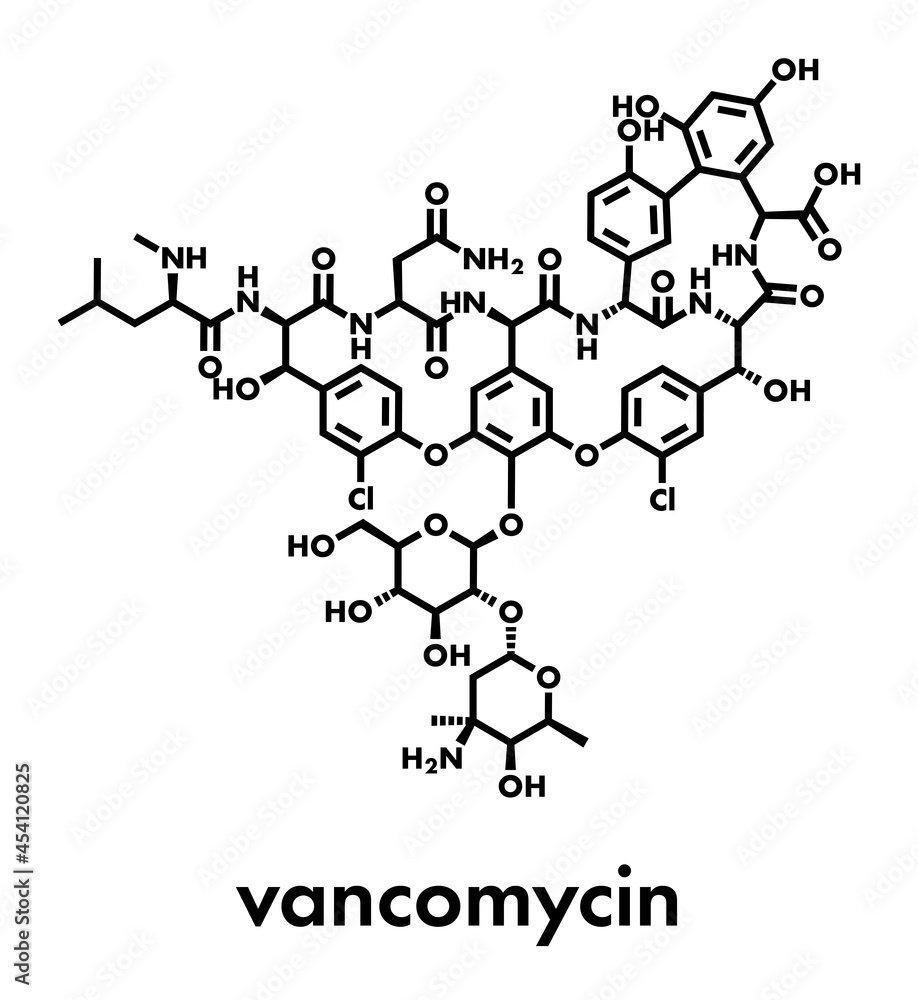 Vancomycin antibiotic drug (glycopeptide class) molecule. Skeletal ...