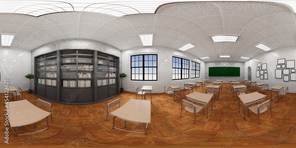 3d rendering 360 vr panorama Interior.New normal classroom and spacing ...