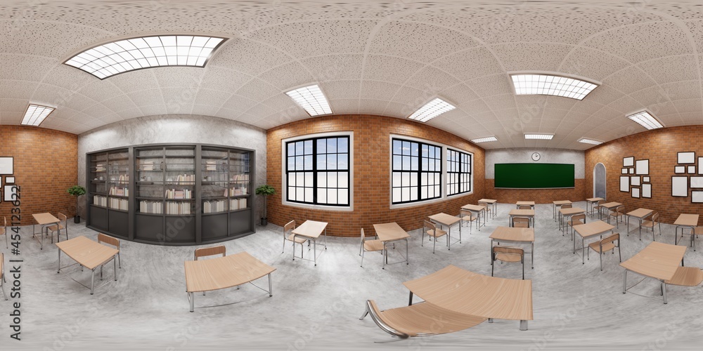 3d rendering 360 vr panorama Interior.New normal classroom and spacing ...