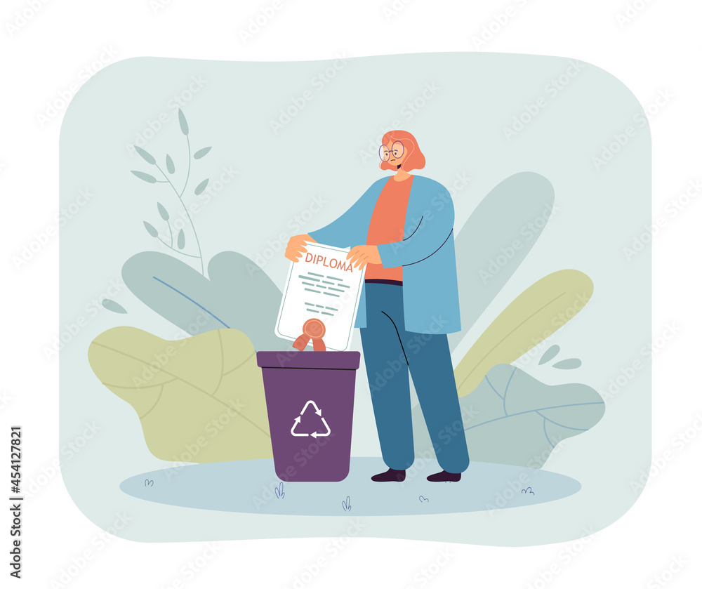 Sad female graduate throwing diploma into recycle bin. Girl putting ...