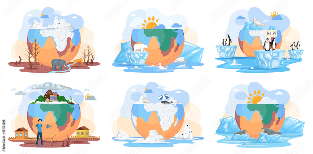 Temperature rising and animal extinction concept. Set of illustrations ...