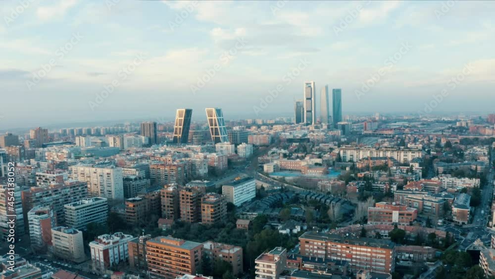 Aerial Madrid city center. New genuine view. Puerta de Europa and Four ...