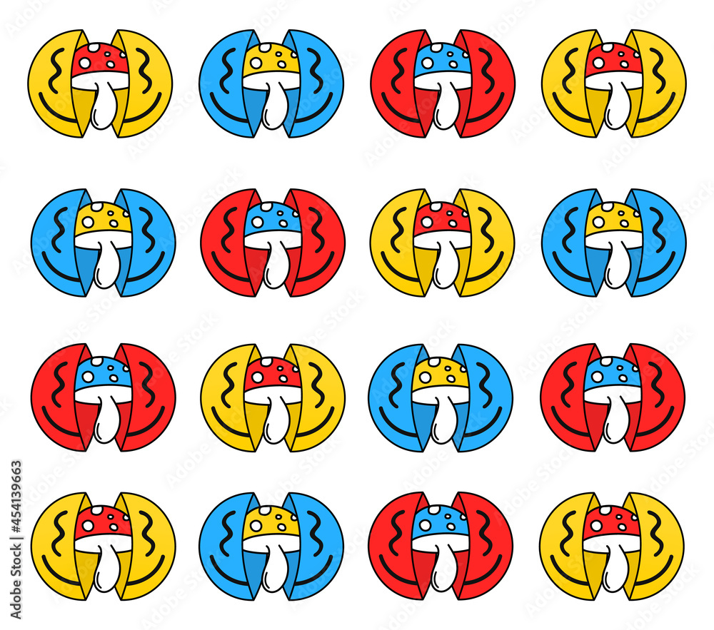 Abstract smile with mushrooms inside. Acid Graphic style, rave emoticon ...