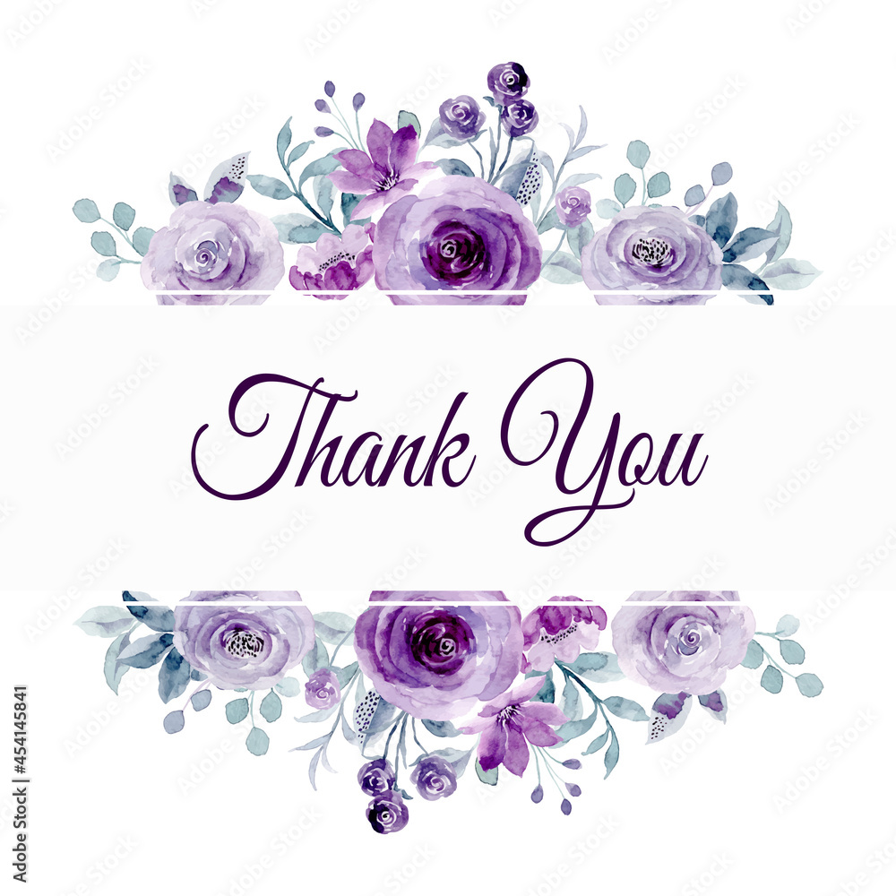 Thank you card with purple flower border watercolor Stock Vector ...