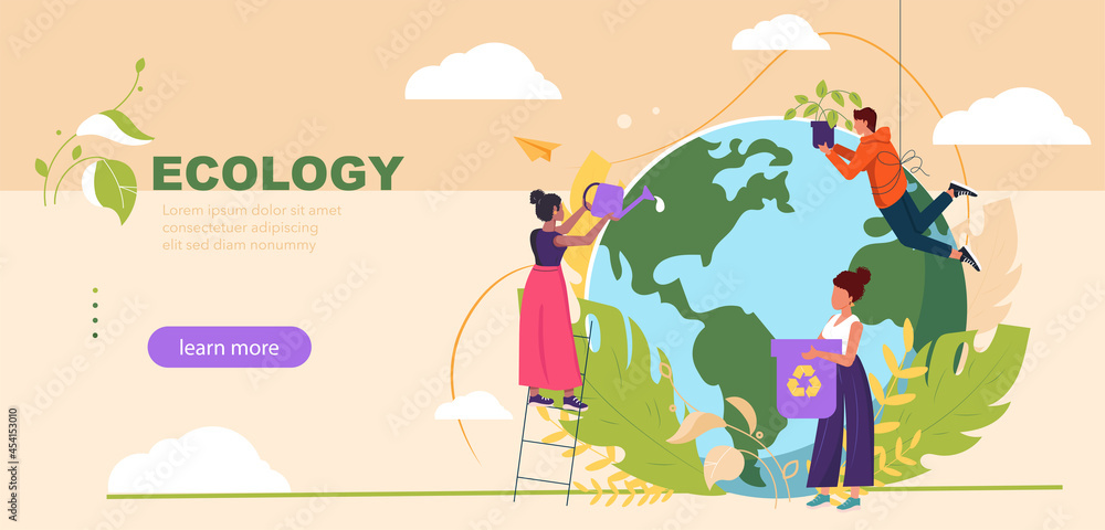 People take care about planet ecology landing page. Cleaning, green ...