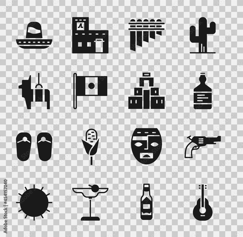 Set Mexican guitar, Revolver gun, Tequila bottle, Pan flute, Mexico ...