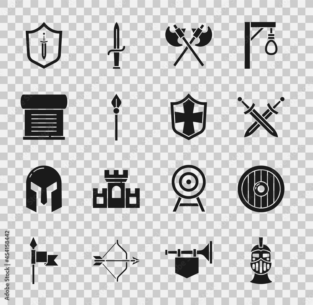 Set Medieval iron helmet, Round wooden shield, Crossed medieval sword, axes, spear, Decree ...