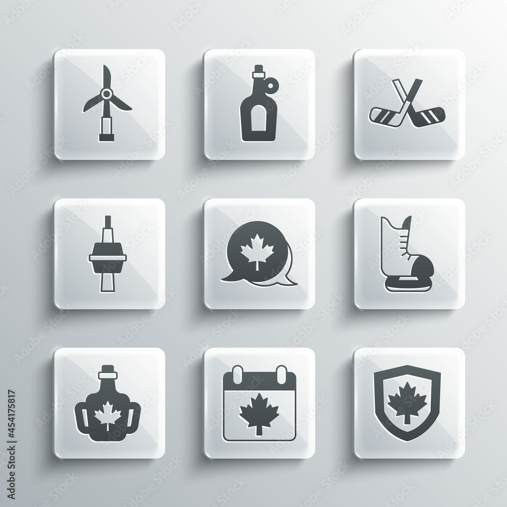 Set Canada day with maple leaf, flag on shield, Skates, Canadian ...