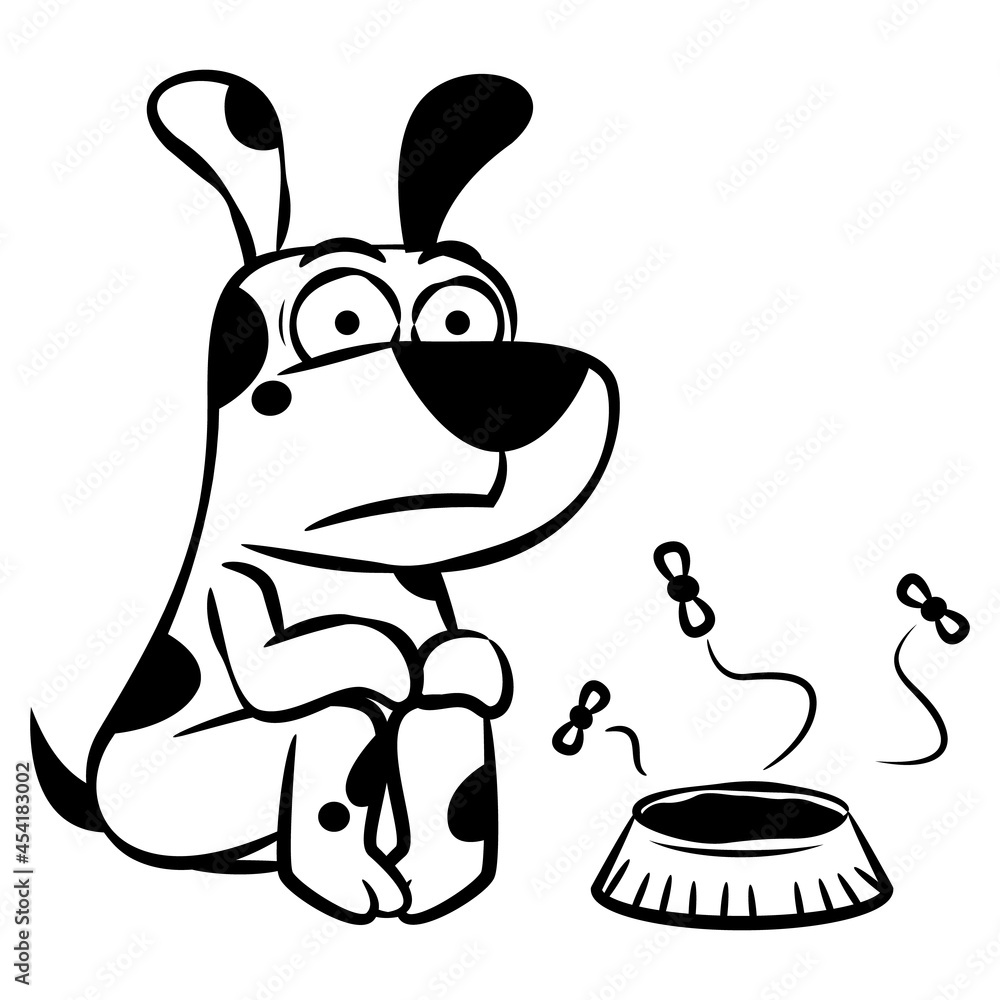 Black and white cartoon illustration of Dog waiting for food on empty ...