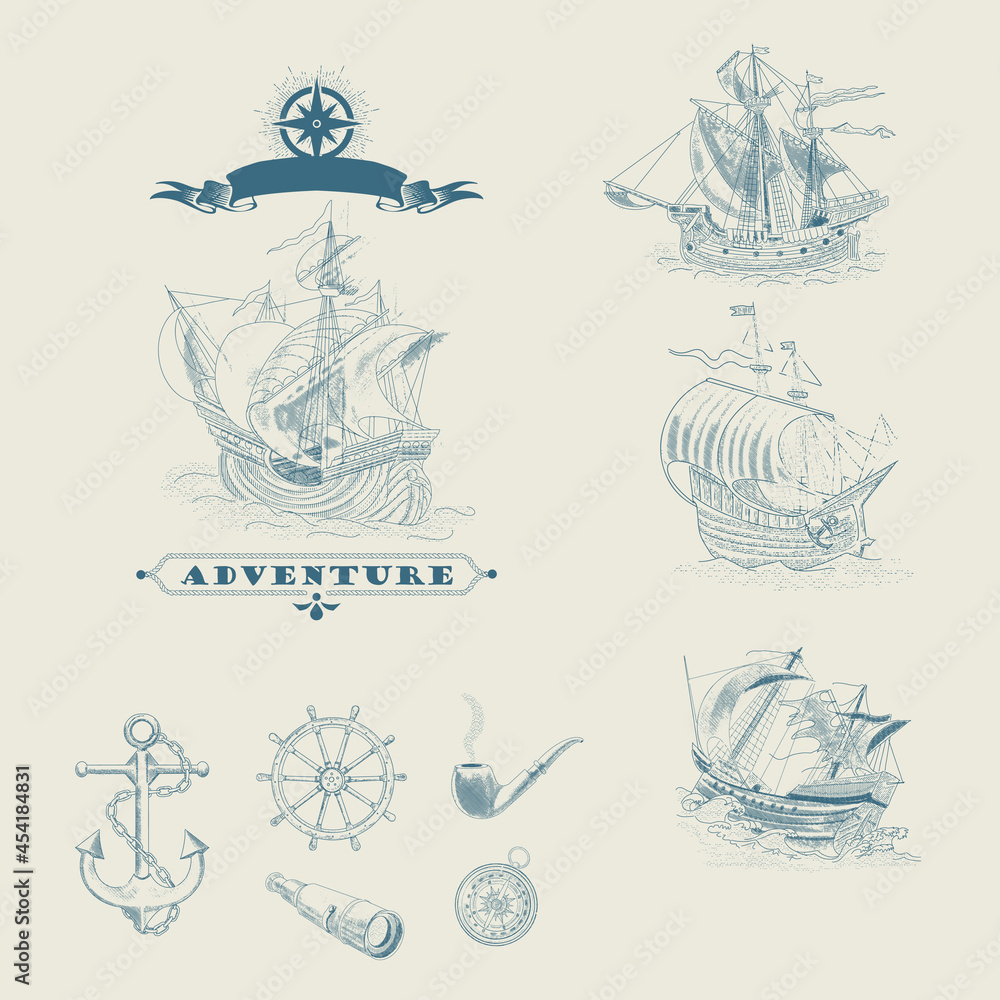 Vintage hand-drawn sailboats, sunken ships, map, wind rose, anchor ...