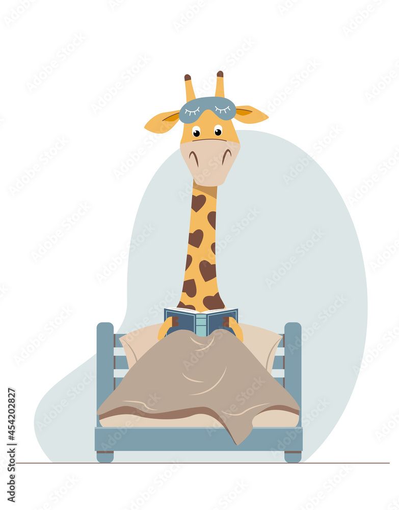 Cute cartoon giraffe reading a book in bed. Funny animal with a ...