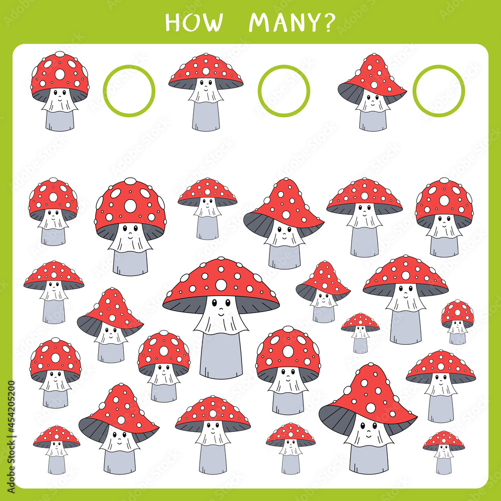 Educational math game for kids. Count how many mushroom and write the ...