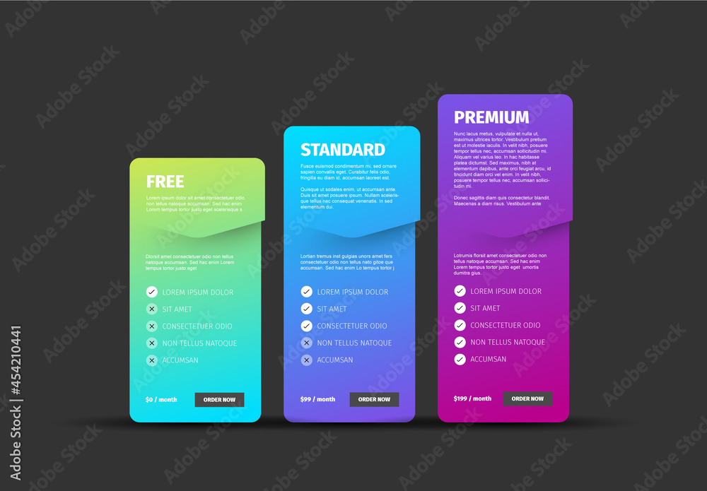 Dark Pricing Product Compare Table Layout with Three Cards Stock ...