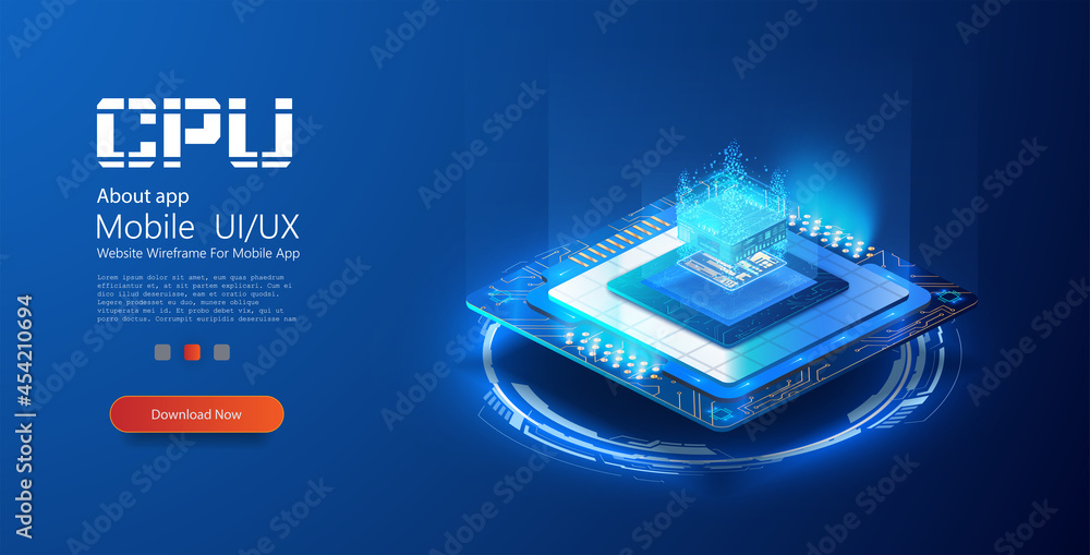 A computer processor with digital chip and electronic components on ...