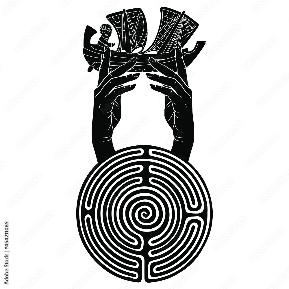 Two human hands emerging from a round spiral maze or labyrinth symbol ...