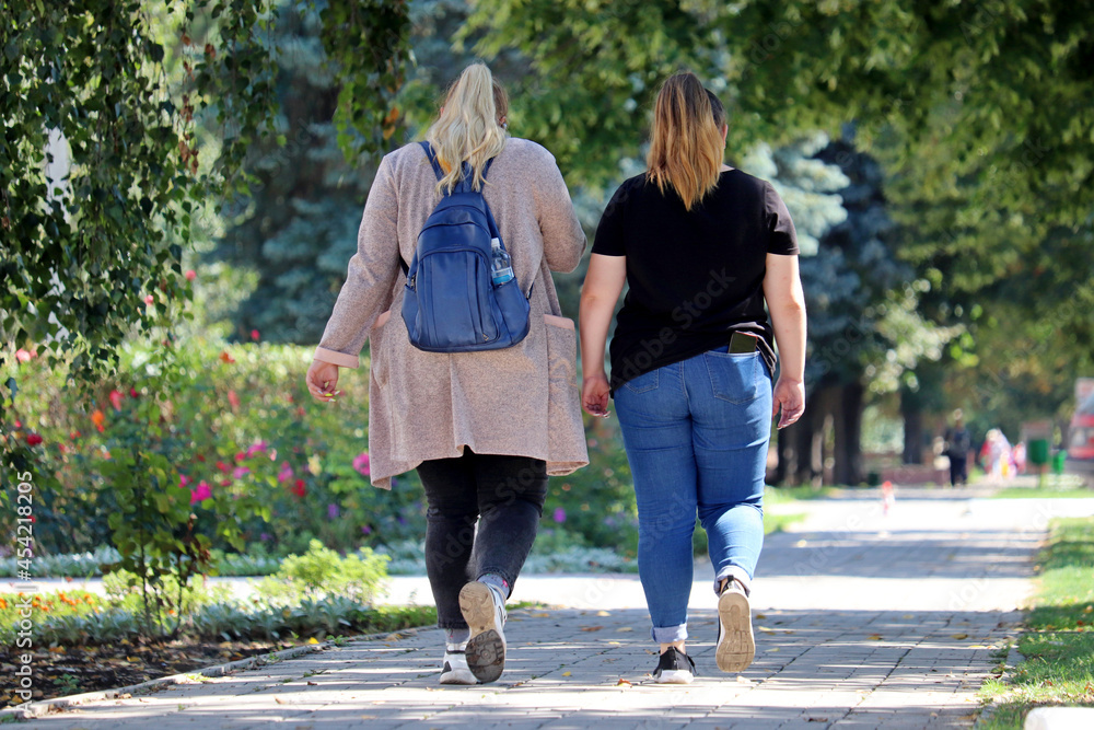 Two fat women walking on town street, back view. Concept of overweight ...