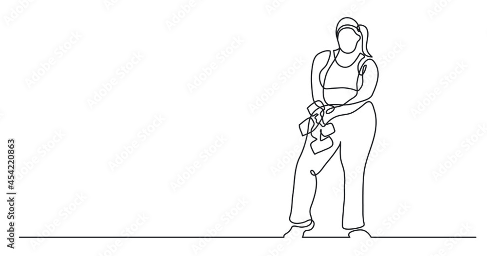 continuous line drawing of confident oversize woman standing holding ...