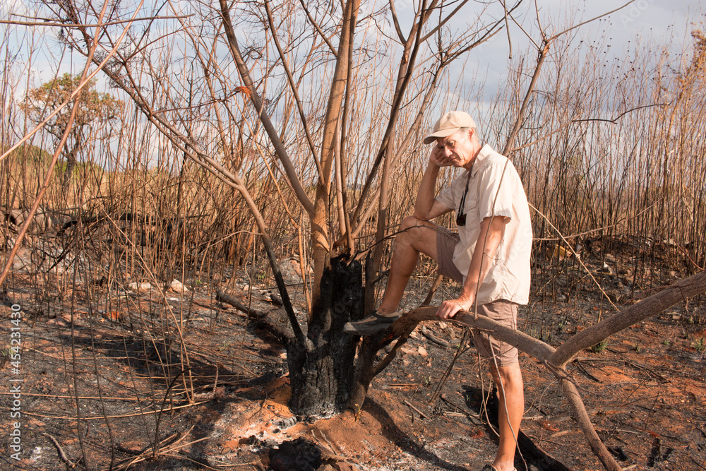 Man from the environment inspecting the remains of a brush fire at an ...