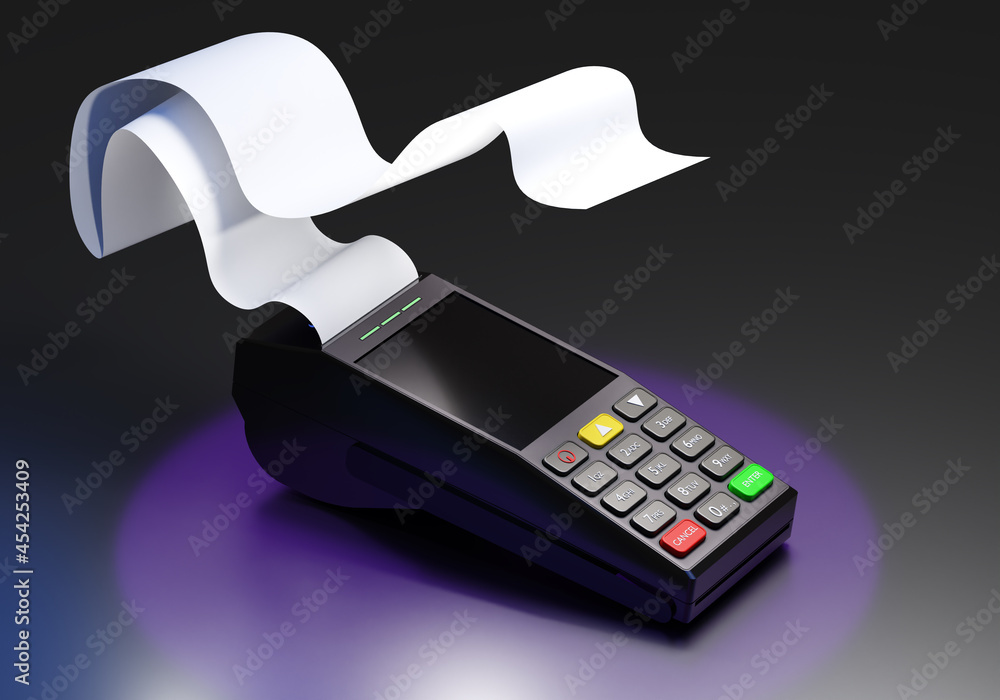 Pay terminal. Payment terminal with off screen. evolving check tape ...