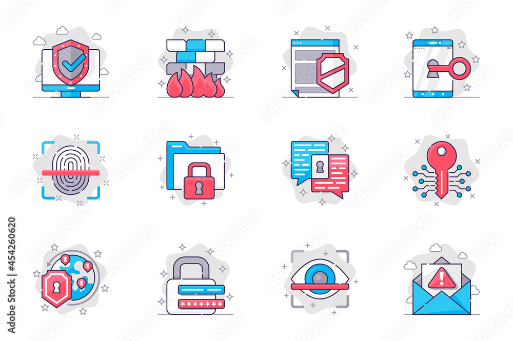 Cyber security concept flat line icons set. Data protection on Internet ...