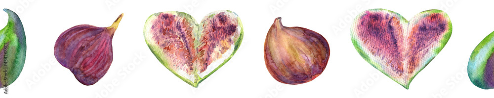 Watercolor figs and half of figs. Watercolor hand drawing seamless ...