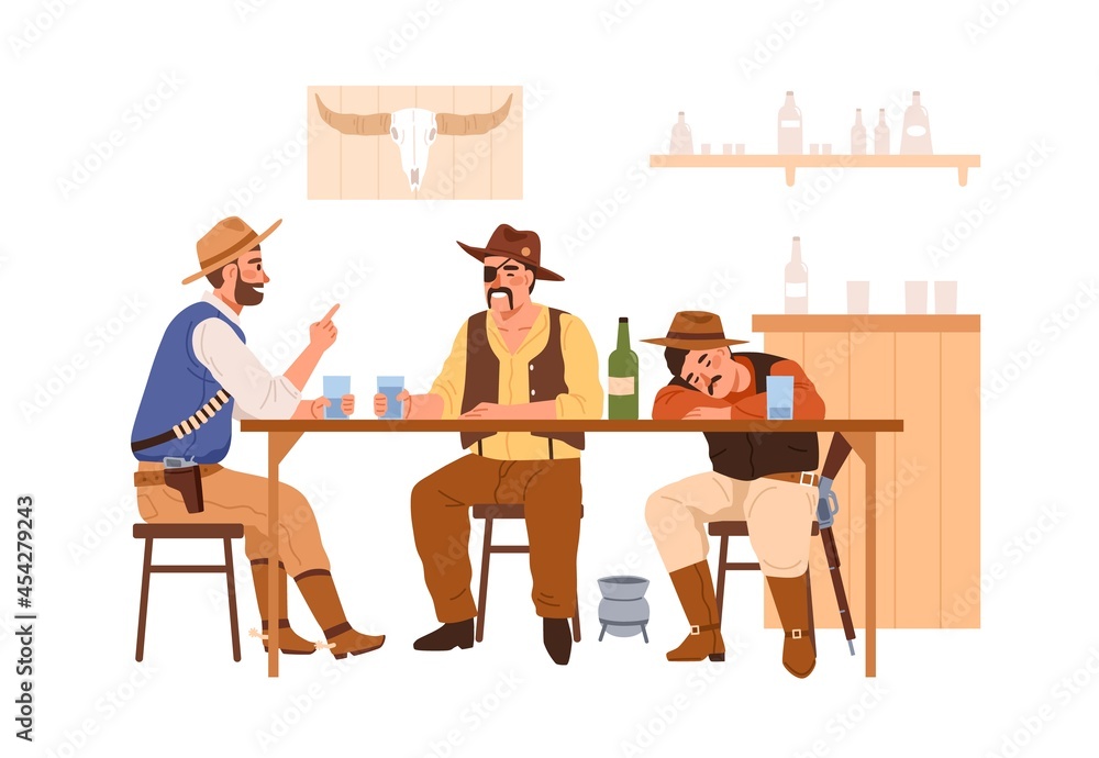 Wild Western cowboys drinking in bar. Men in hats resting, talking and ...