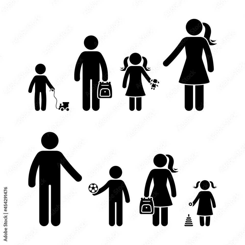 Stick figure mother standing with sons and daughter, father with kids ...