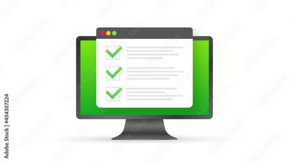 Checklist browser window. Check mark. White tick on laptop screen ...
