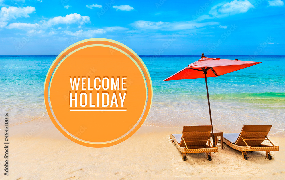 Welcome holiday banner voer beach background, relax by the beach in ...