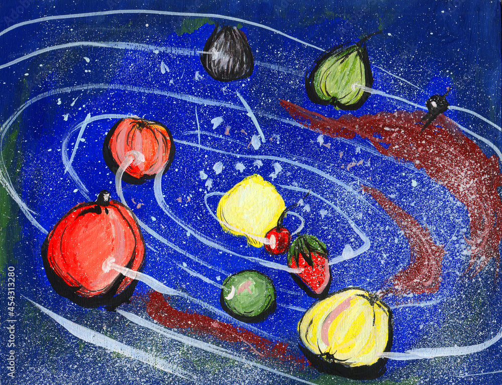 Watercolor galaxy with fruit instead of planets. Starry sky, milky way ...