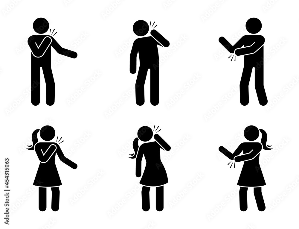 Stick figure man and woman with pain in shoulder, elbow, neck icon ...