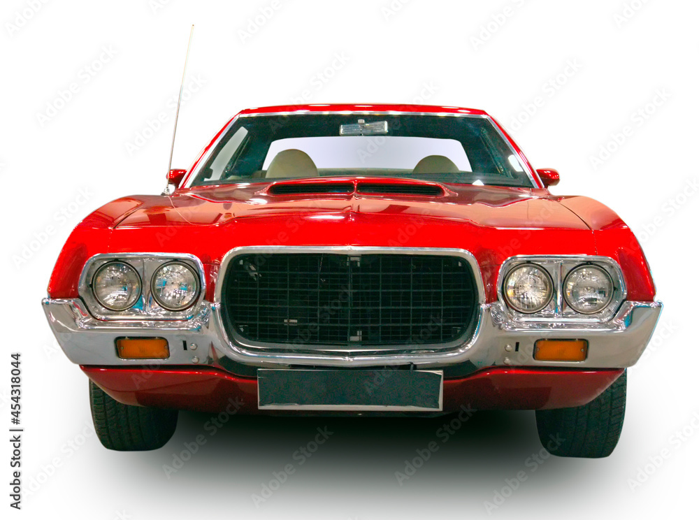 1970's American vintage Sports car. White background.. Front view ...