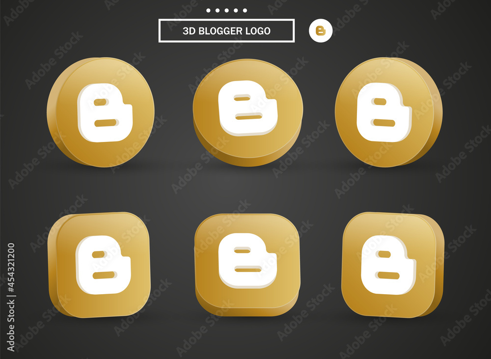 3d blogger logo in modern golden circle, square for popular social ...