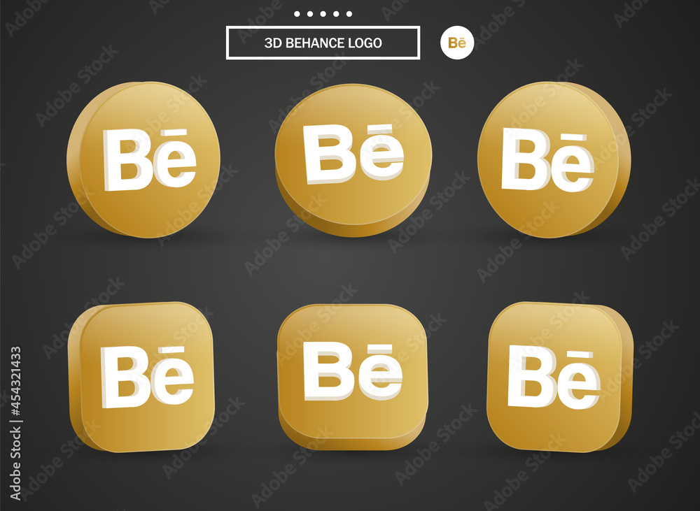 3d behance logo in modern golden circle, square for popular social ...
