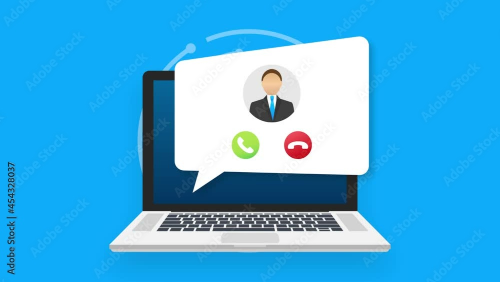 Incoming video call on laptop. Laptop with incoming call, man profile ...