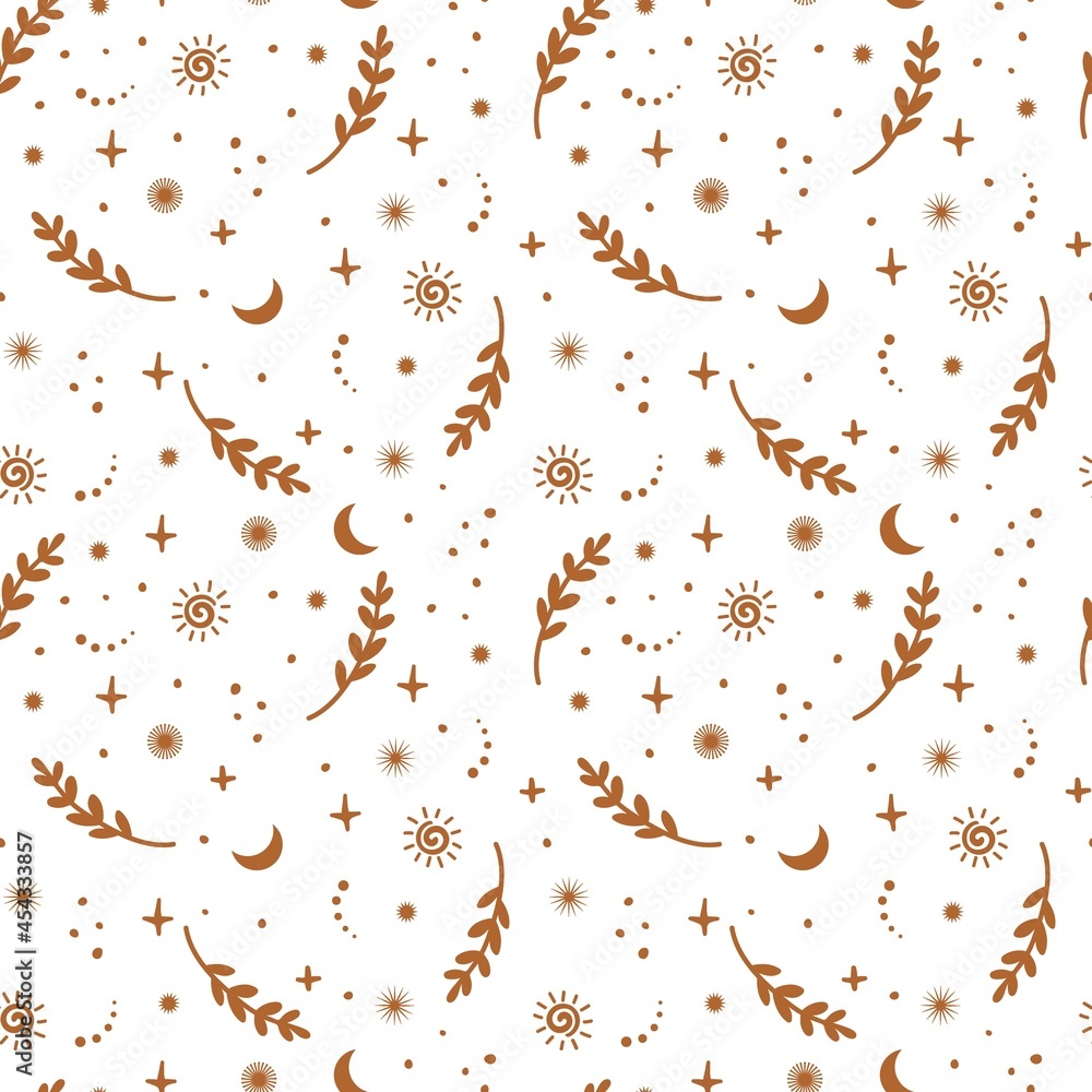 Seamless moon pattern with celestial motives and botanical elements ...