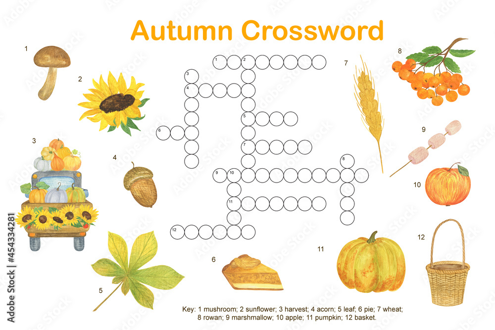 Fall seasonal crossword puzzle, autumn watercolor activities printable ...
