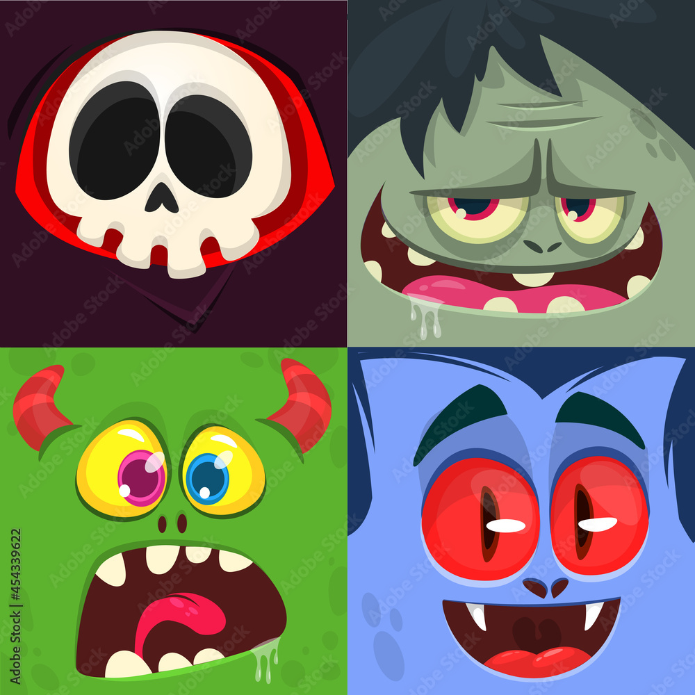 Cartoon monsters faces set. Vector collection of four Halloween monster ...