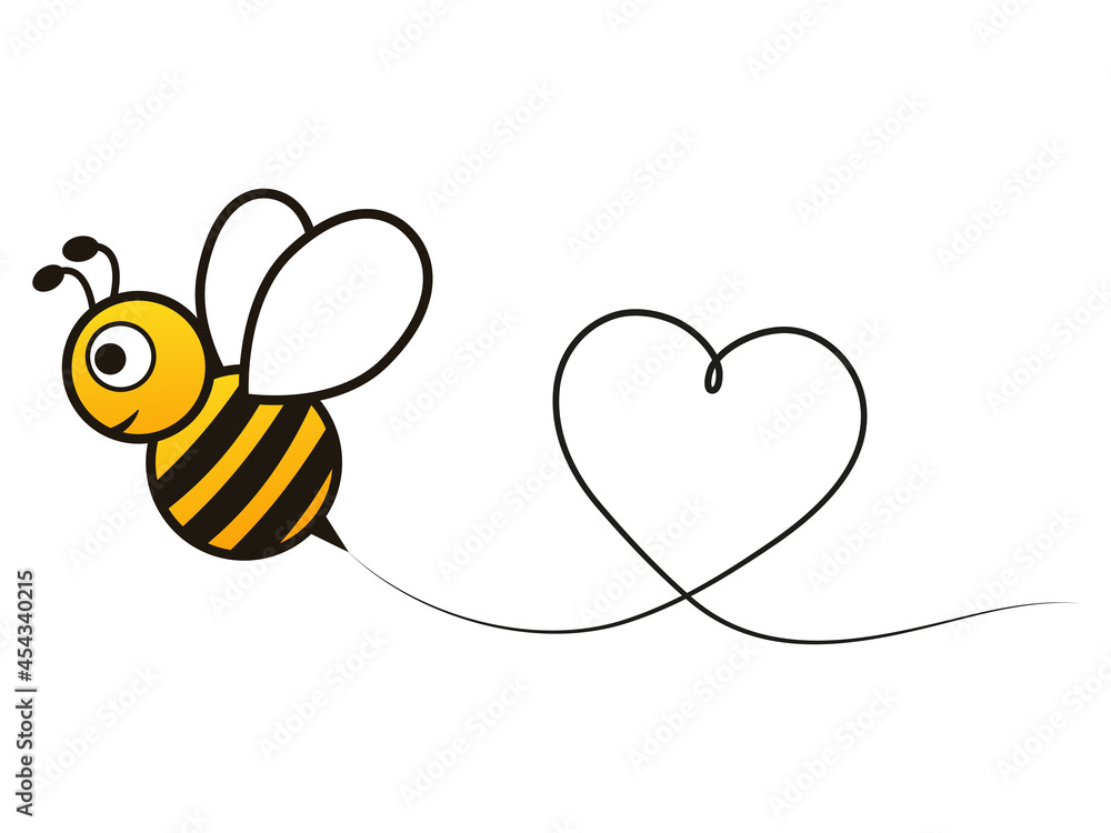 Bee flying on a line route in heart shape. Lovely bee character. Cute ...