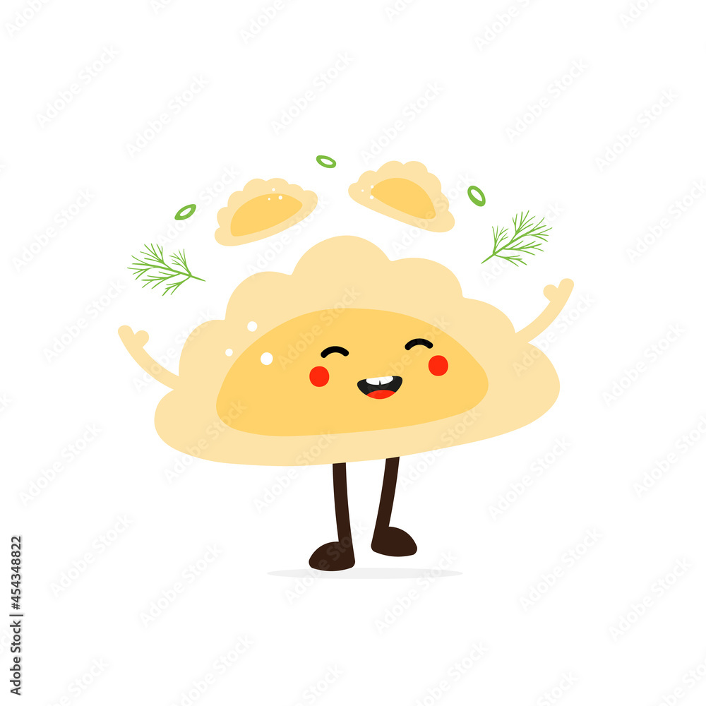 Cute happy cartoon style pierogi, filled dumpling character juggling ...