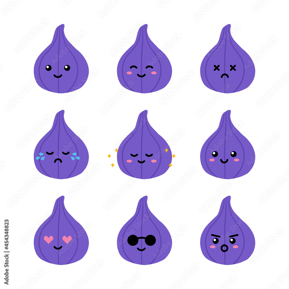 Set, collection, pack of fig fruit emoji, vector cartoon style icons of ...